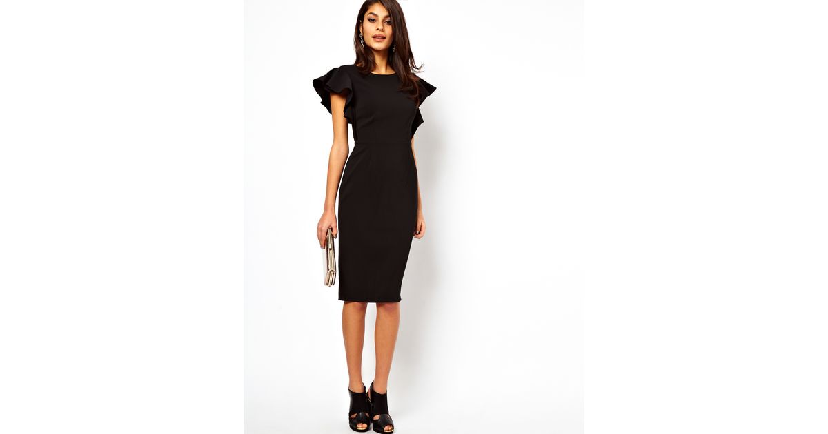 Asos Pencil Dress With Ruffle Sleeves In Black Lyst