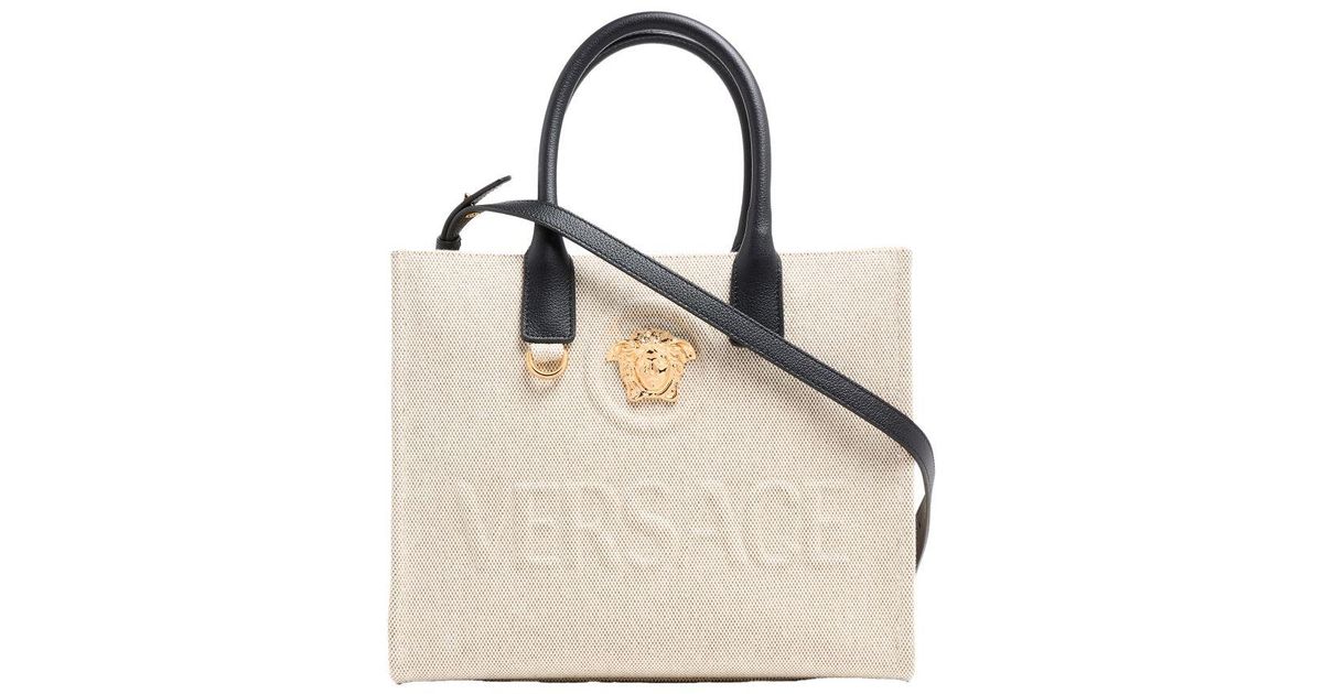 Versace La Medusa Canvas Small Tote Bag in Natural | Lyst