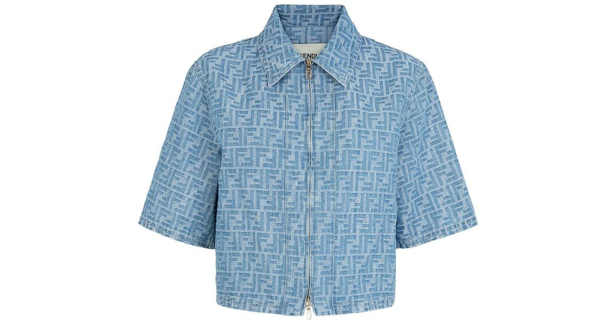 Fendi Cropped Jacket With Shirt Collar And Short Sleeves in Blue | Lyst