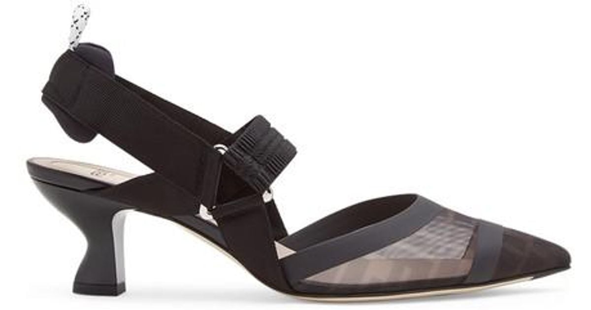 Fendi Black Leather And Mesh Slingbacks With Medium Heel in Brown | Lyst