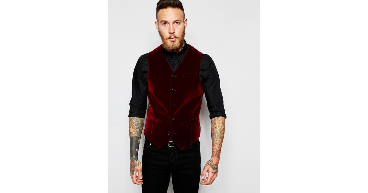 Asos Slim Waistcoat In Velvet In Burgundy Red For Men Lyst
