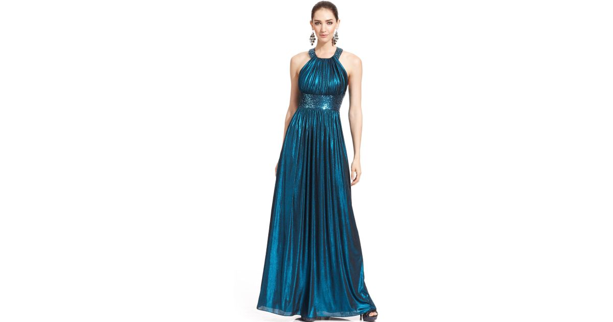 Calvin Klein Metallic Sequin Halter Gown In Turquoise Blue Lyst