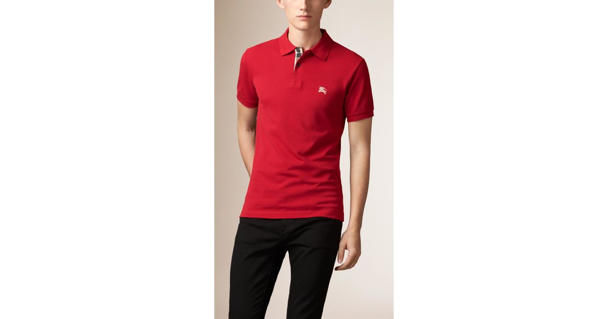 Burberry Check Placket Polo Shirt in Red for Men | Lyst