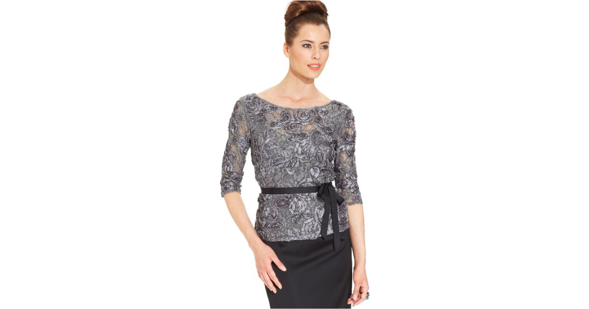 Alex Evenings Three-Quarter-Sleeve Sequined Lace Top in Metallic | Lyst