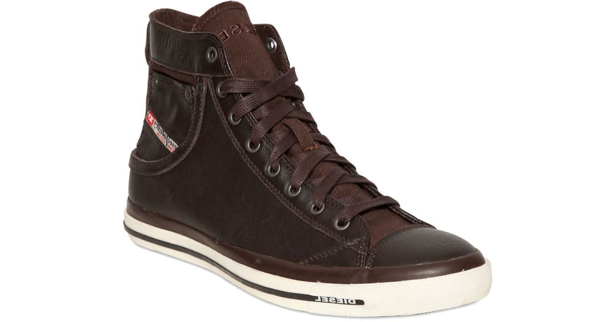 DIESEL Leather High Top Sneakers in Brown for Men | Lyst
