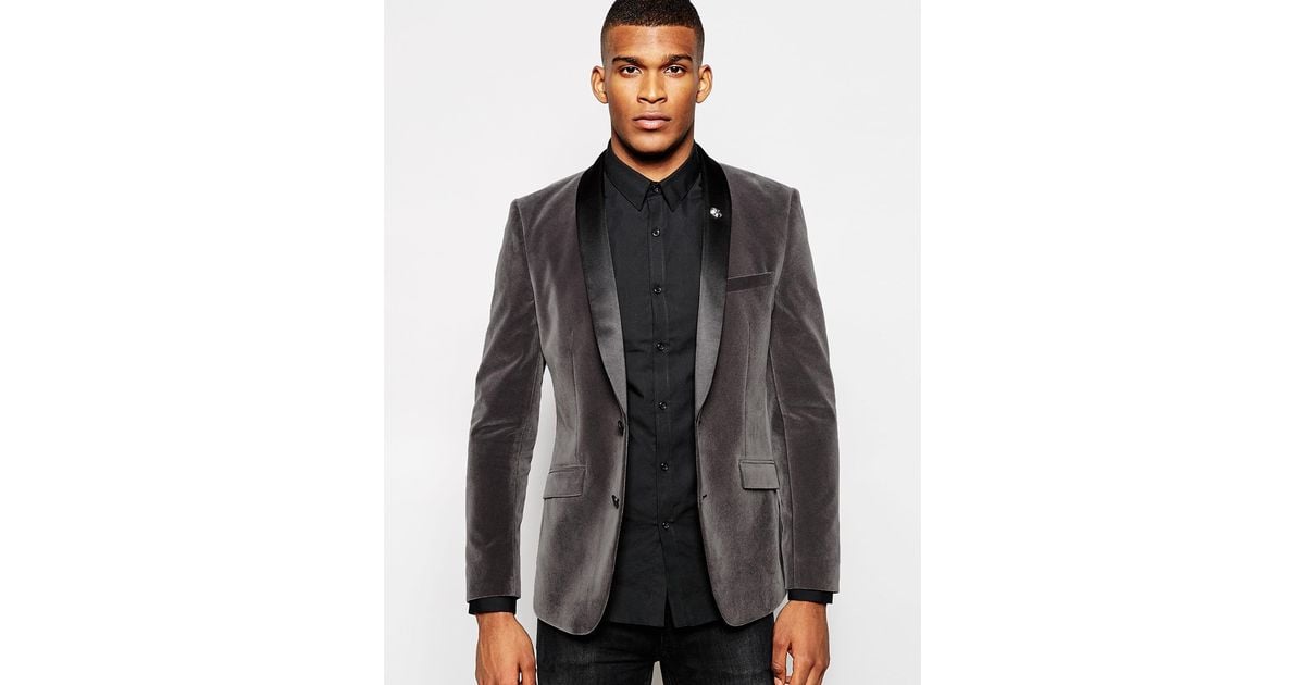 ASOS Skinny Blazer In Velvet in Gray for Men | Lyst