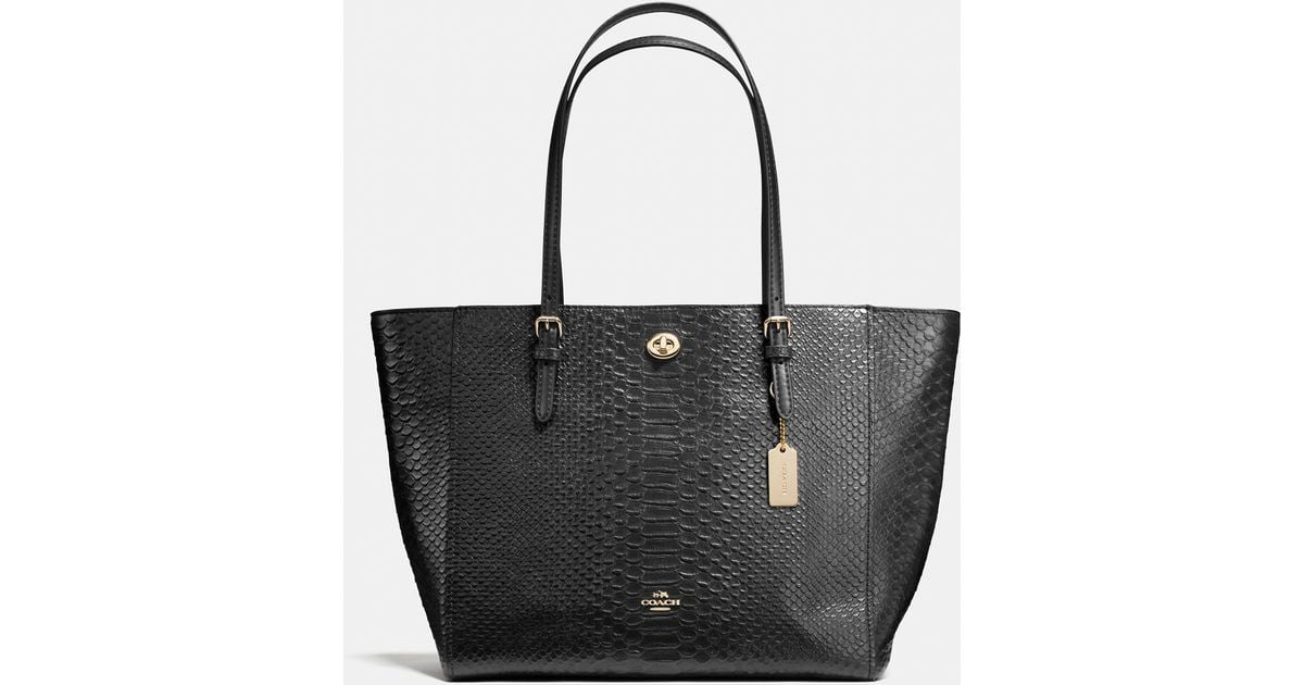 COACH Turnlock Tote In Snake Embossed Leather in Black | Lyst