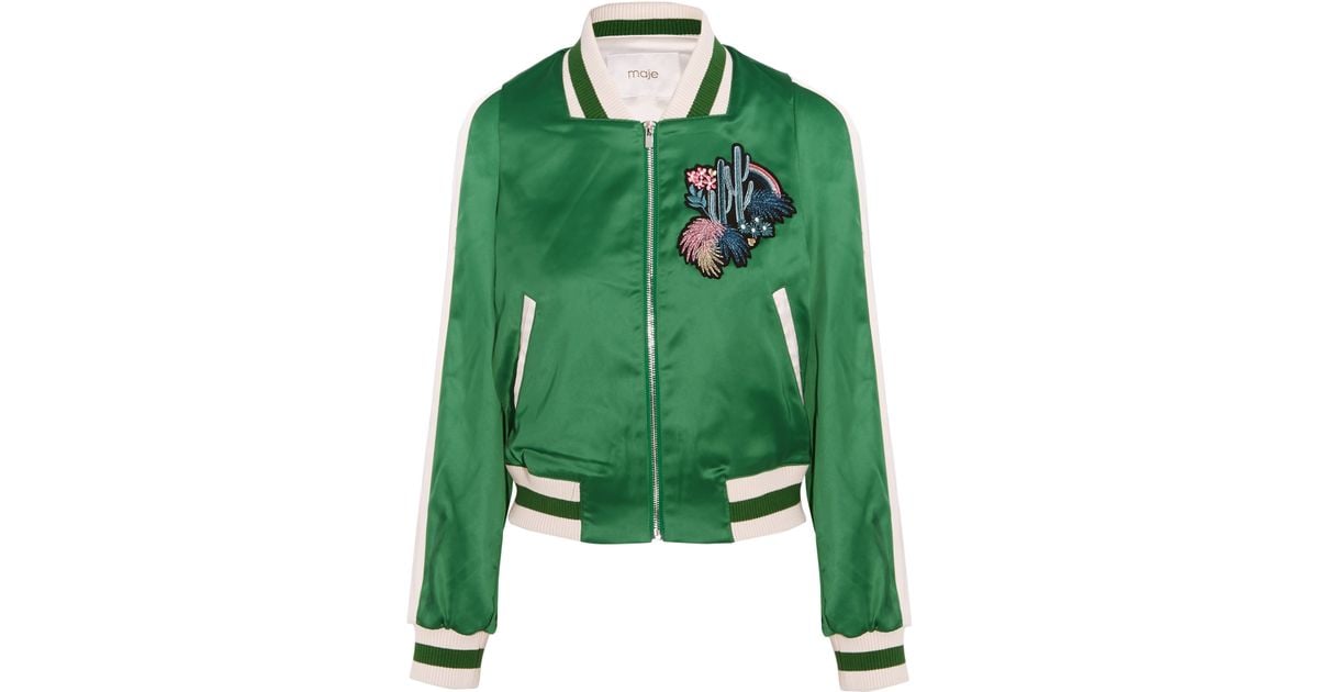 Maje Embroidered Stretch-satin Bomber Jacket in Green | Lyst UK