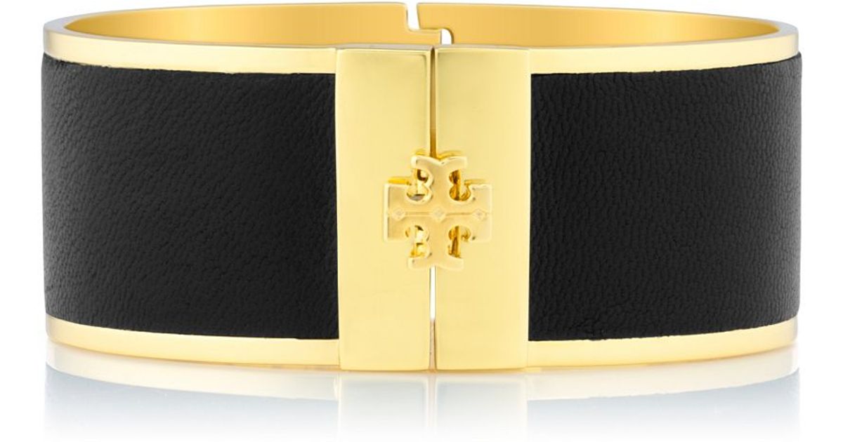 Tory Burch Skinny Leather Inlay Cuff in Black | Lyst