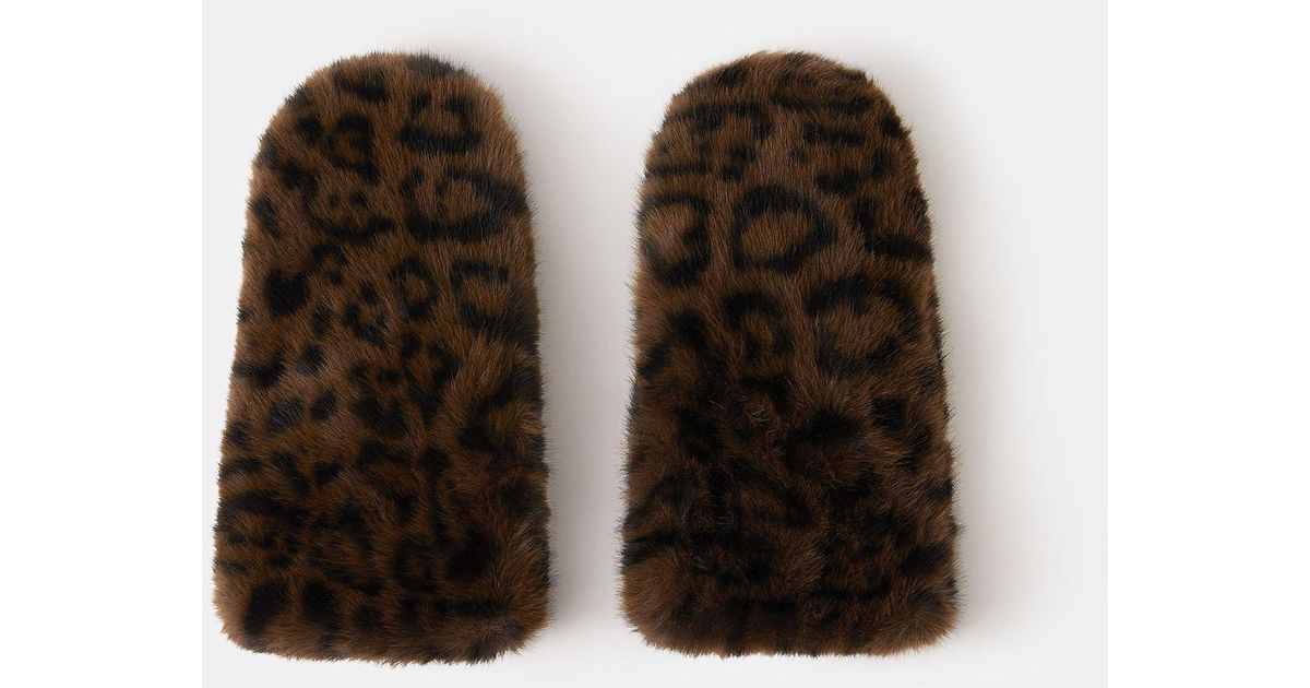Accessorize Faux Fur Leopard Print Mittens in Brown | Lyst UK