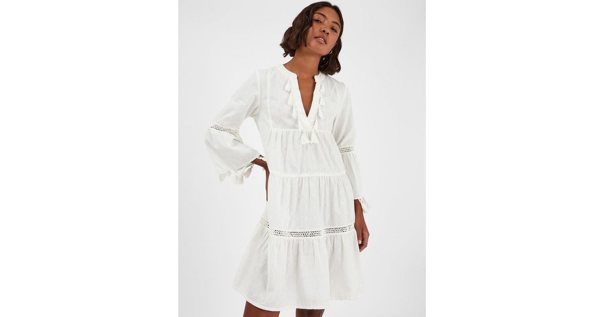 Accessorize Flute Sleeve Tassel Tiered Mini Dress in White | Lyst UK