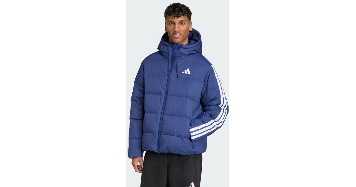 adidas Essentials Climawarm 3-Stripes Puffer Down Hooded Jacket in Blue ...