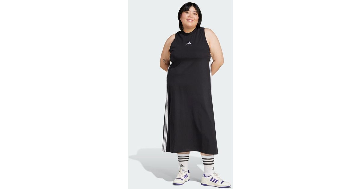 adidas Essentials 3-Stripes Long Racerback Dress (Plus Size) in Black ...