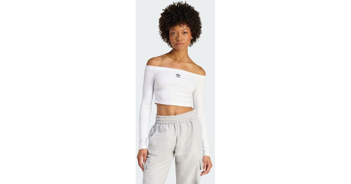 adidas Essentials Rib Off Shoulder Long-Sleeve Top T-Shirt in White ...