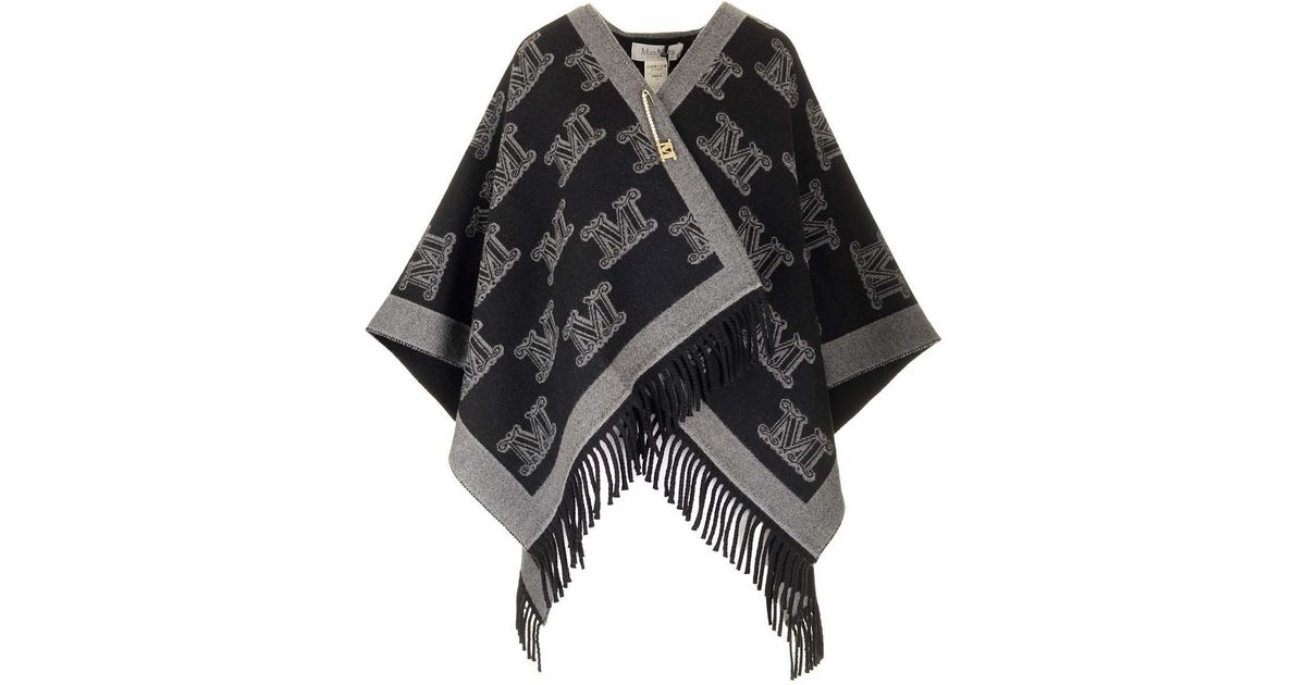 Max Mara Monogram Wool Cape in Black | Lyst