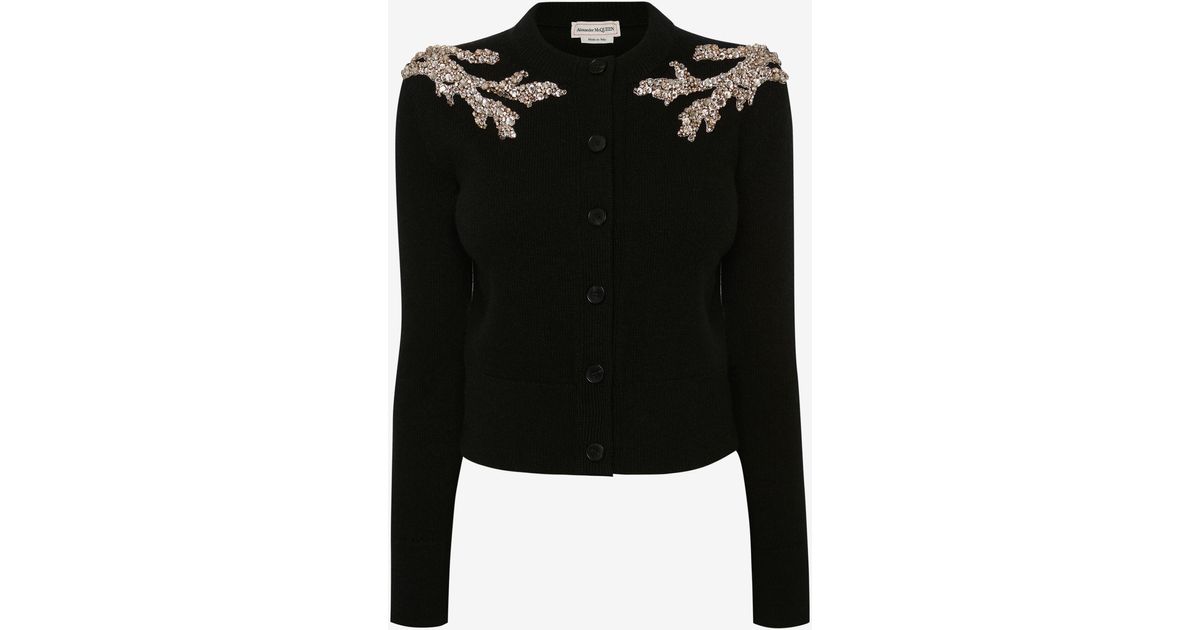 Alexander Mcqueen Wool Mycelium Embroidery Cardigan In Black Crystal