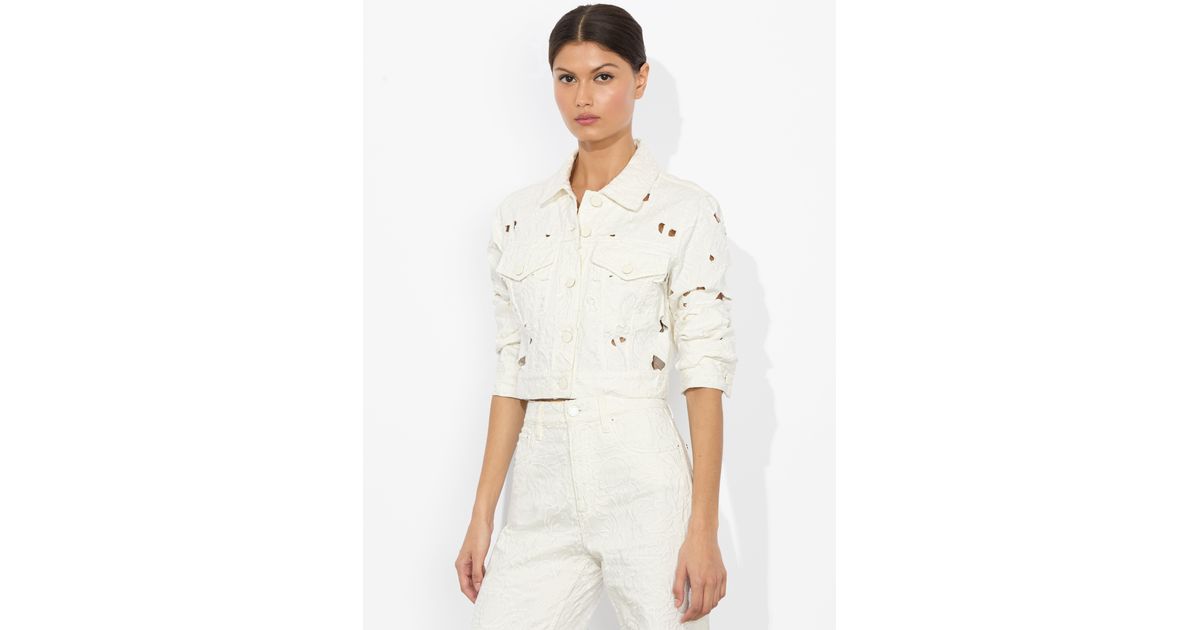 Alice + Olivia Chloe Eyelet Denim Jacket in White | Lyst