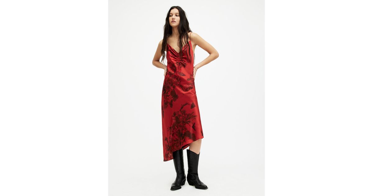 AllSaints Alexia Silk Blend V-neck Midi Slip Dress in Red | Lyst