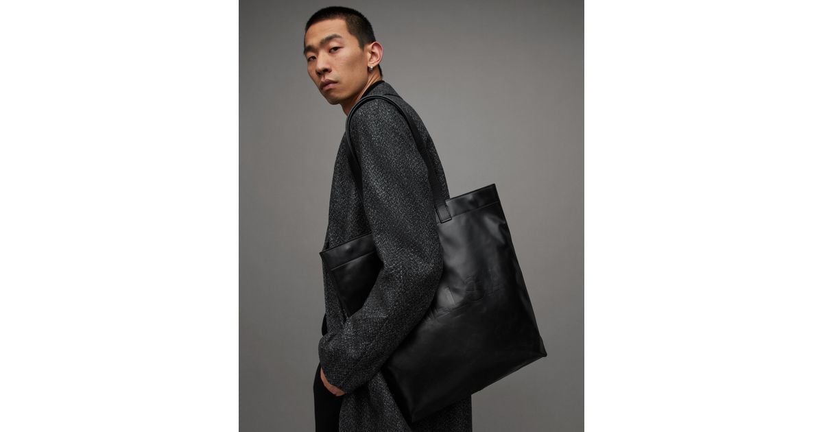 AllSaints Yuto Embossed Logo Leather Tote Bag in Black for Men