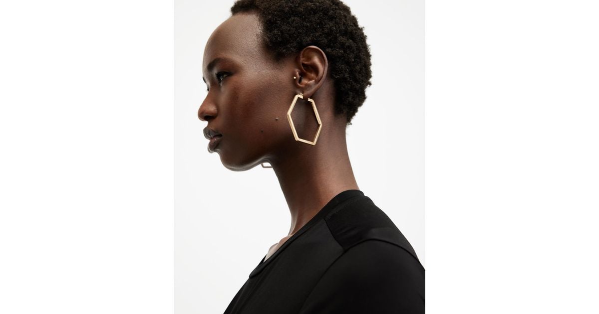 AllSaints Astrid Large Hexagon Hoop Earrings in Black | Lyst