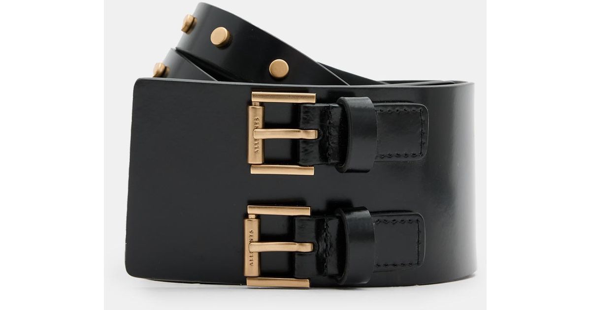 AllSaints Elodie Double Buckle Leather Waist Belt,, Patent/Brass in Black | Lyst