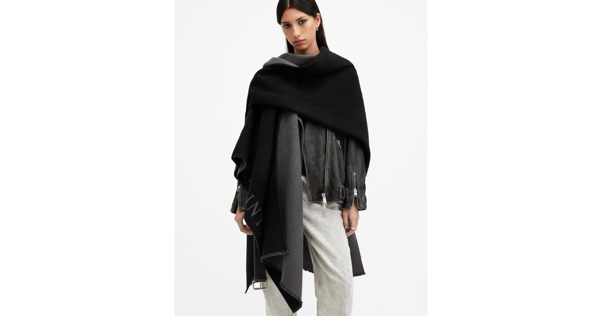 AllSaints Saints Border Logo Wool Ruana Scarf in Black | Lyst