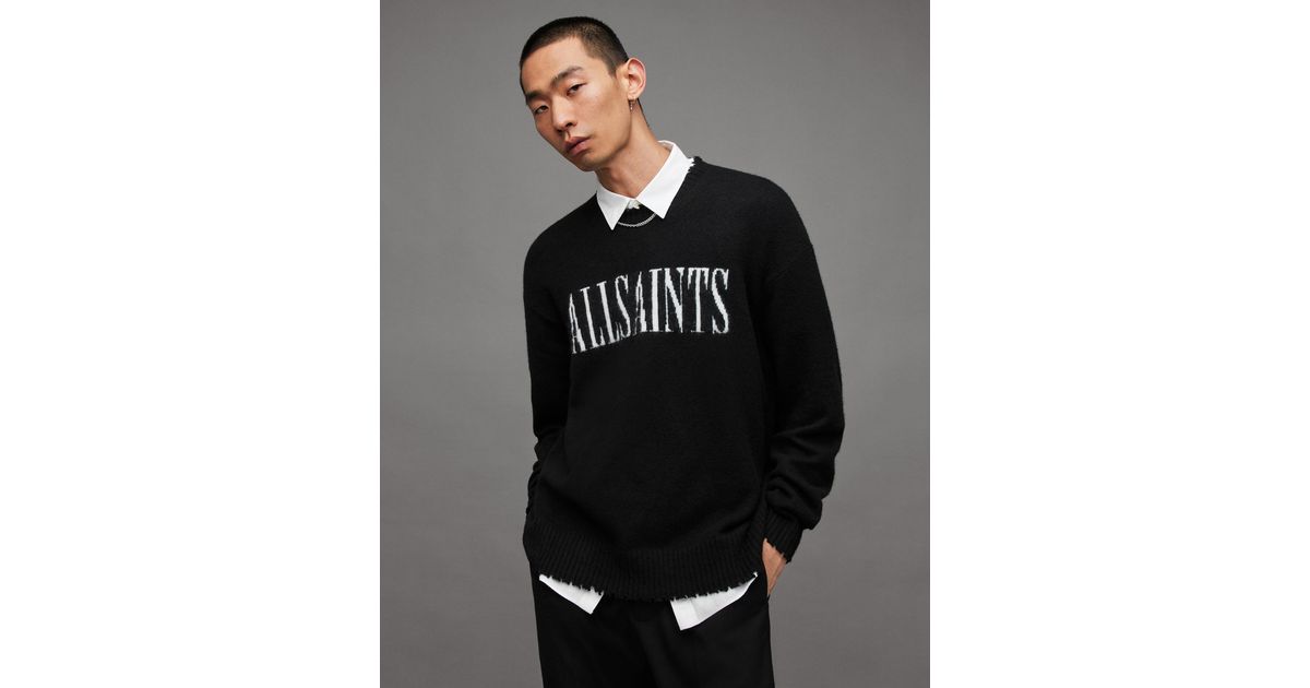 AllSaints Luka Logo Saints Crew Neck Jumper in Black for Men | Lyst