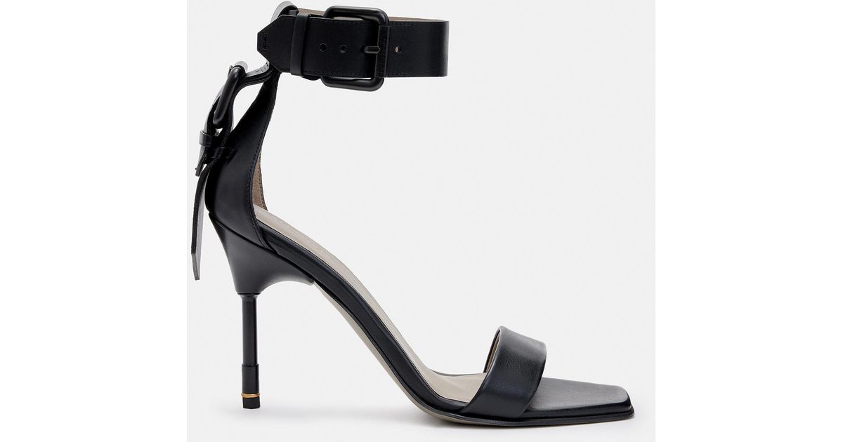 AllSaints Noir Leather High Metal Heel Sandals in Black | Lyst