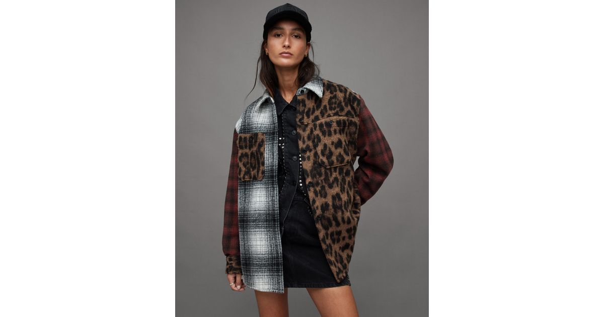 AllSaints Monica Mixed Check Leopard Print Shacket in Gray | Lyst