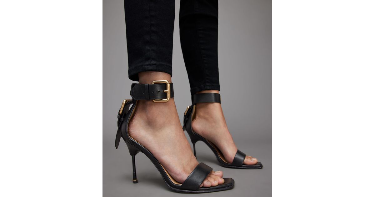 AllSaints Noir Leather High Metal Heel Sandals in Black | Lyst