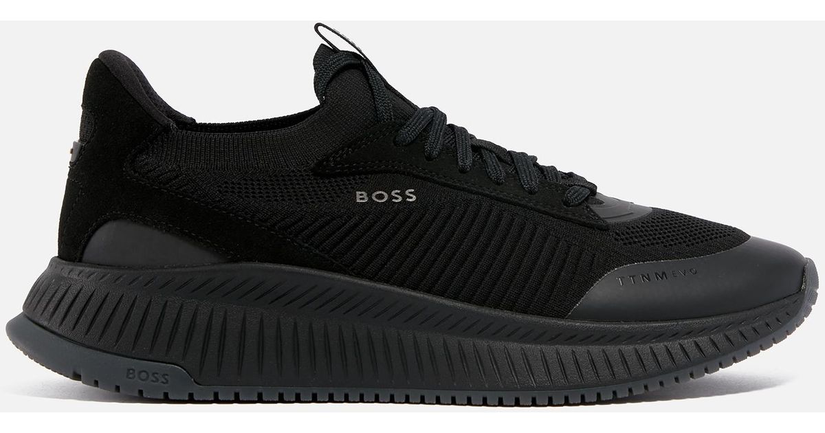 BOSS Boss Jonah Runn Mesh And Faux Leather Trainers in Black for Men | Lyst