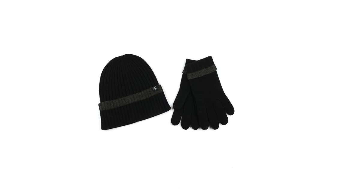 Calvin Klein Bold Tipping Rib Cuff Hat And Glove Set in Black for Men ...
