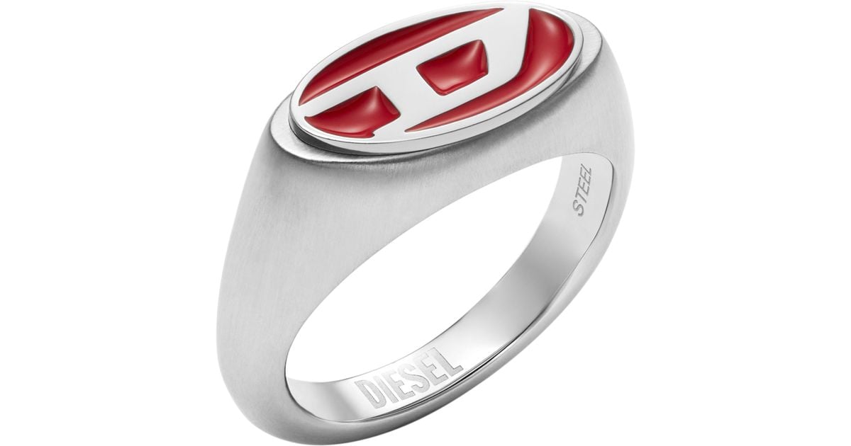 DIESEL Red Lacquer And Silver Stainless Steel Logo Signet Ring in ...
