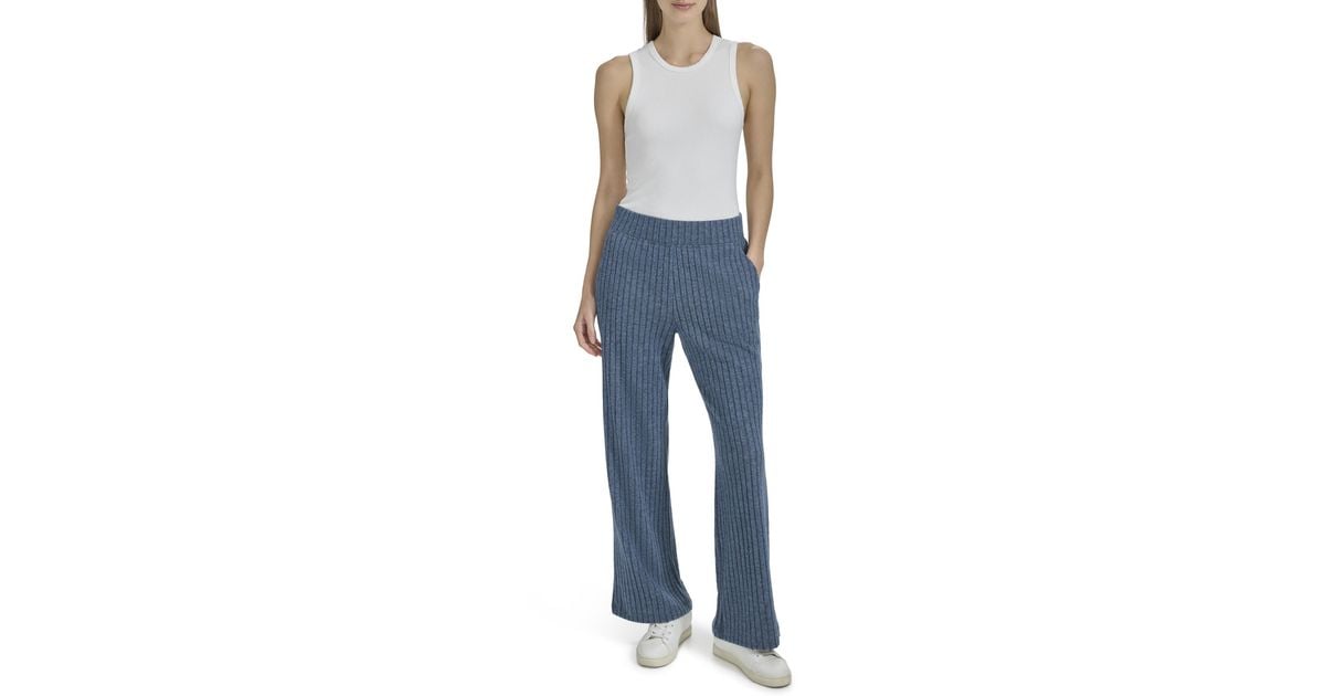 Andrew Marc Pull On Wide Leg Ribbed Pants in Blue | Lyst