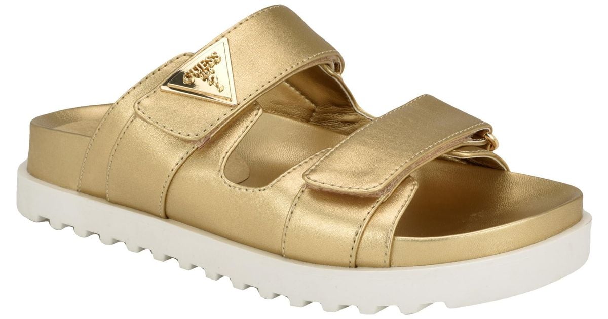 Guess Fabula Faux Leather Flat Slide Sandals in Brown | Lyst