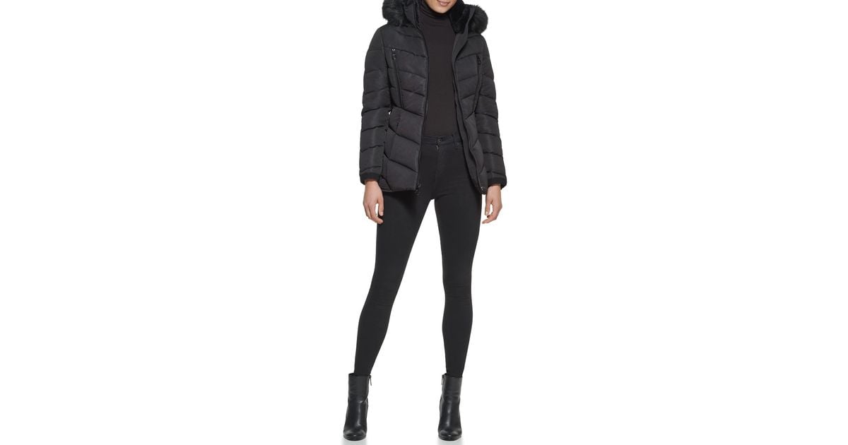 Guess Cold Weather Hooded Puffer Coat in Black | Lyst