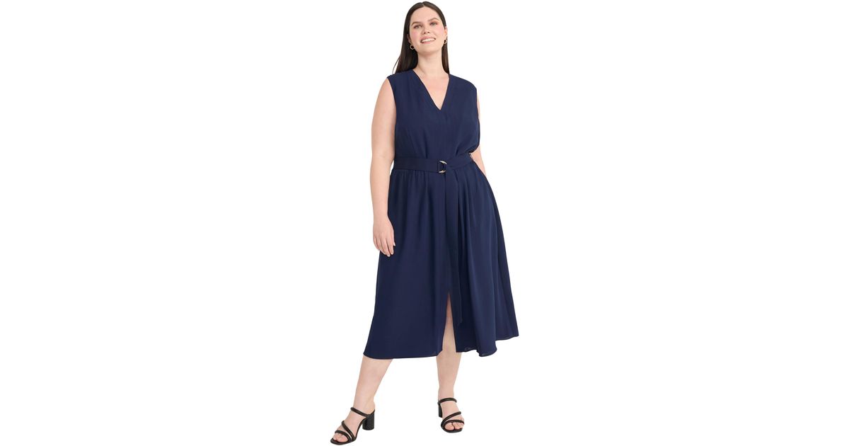 Maggy London V Neck Cap Sleeve Midi Belt-side Pockets And Back Zipper ...