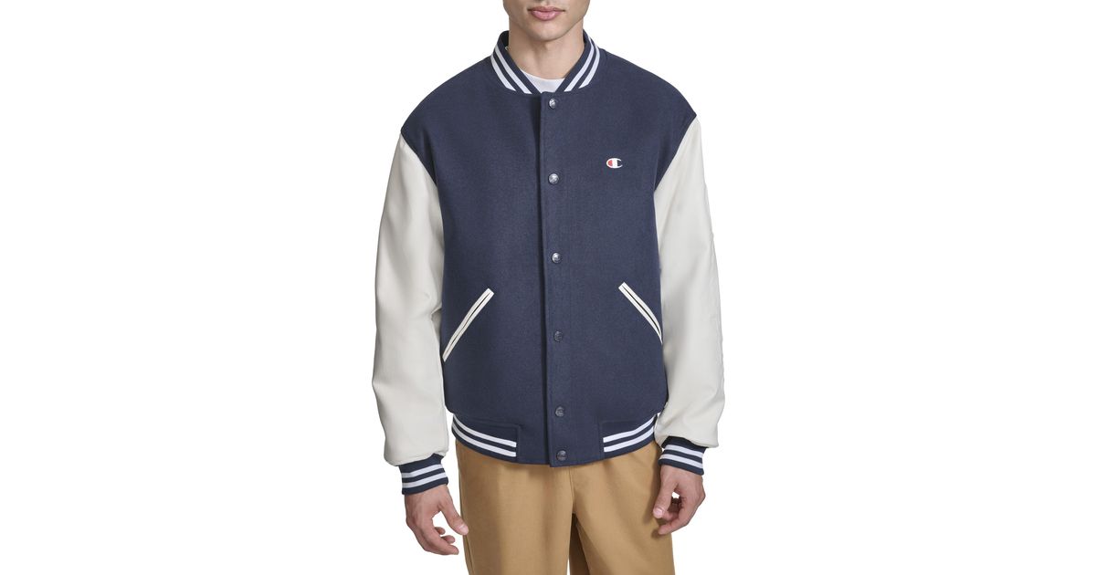 Champion Letterman Varsity Bomber Jacket With Quilted Lining & Embroidered Sleeves in Blue for ...