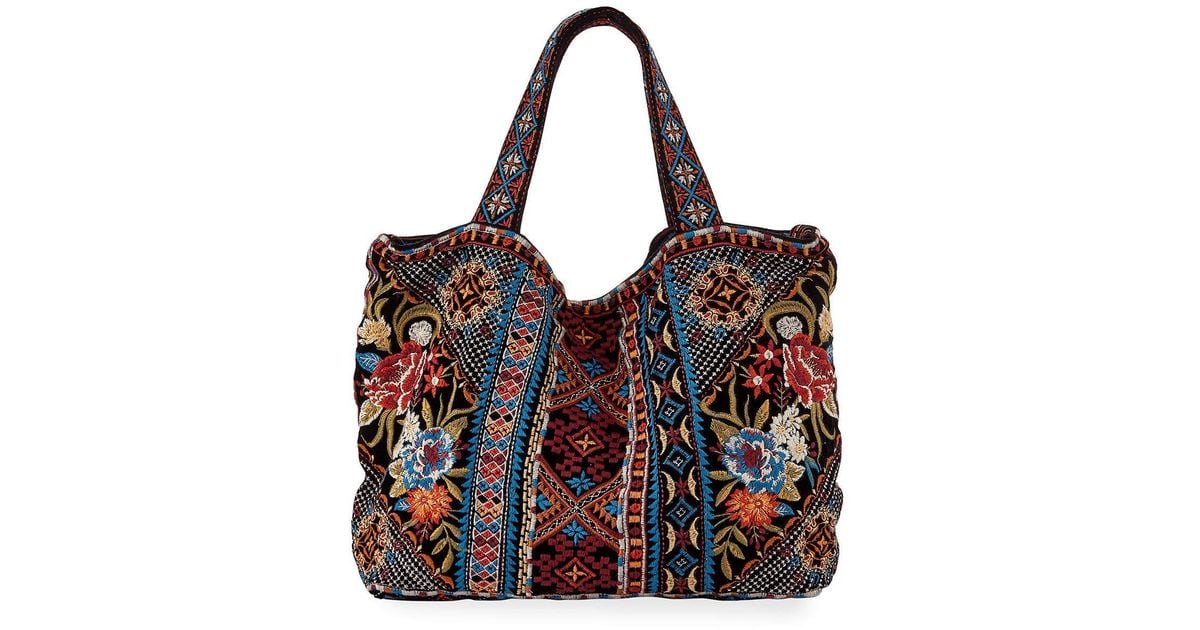 Johnny Was Velvet Tote Bag With All Over Multicolored Embroidery | Lyst