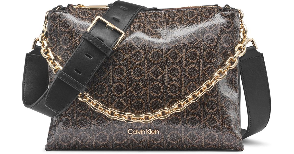 Calvin Klein Rain Triple Compartment Chain Crossbody in Black | Lyst