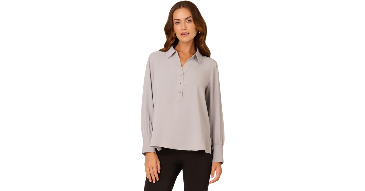 Adrianna Papell Long Sleeve Open V-neck Collar Silky Woven Blouse in ...