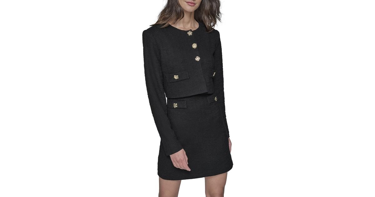 Karl Lagerfeld Paris Tweed Solid Scoop Neck Cropped Knit Blazer in ...