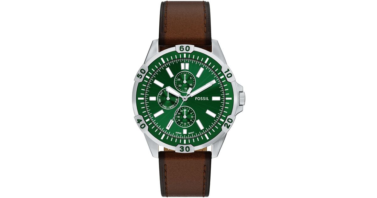 Fossil Garrett Multifunction Brown Leather Watch in Green for Men | Lyst