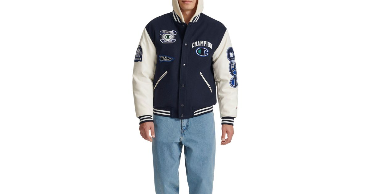 Champion Letterman Varsity Bomber Jacket With Patches in Blue for Men ...