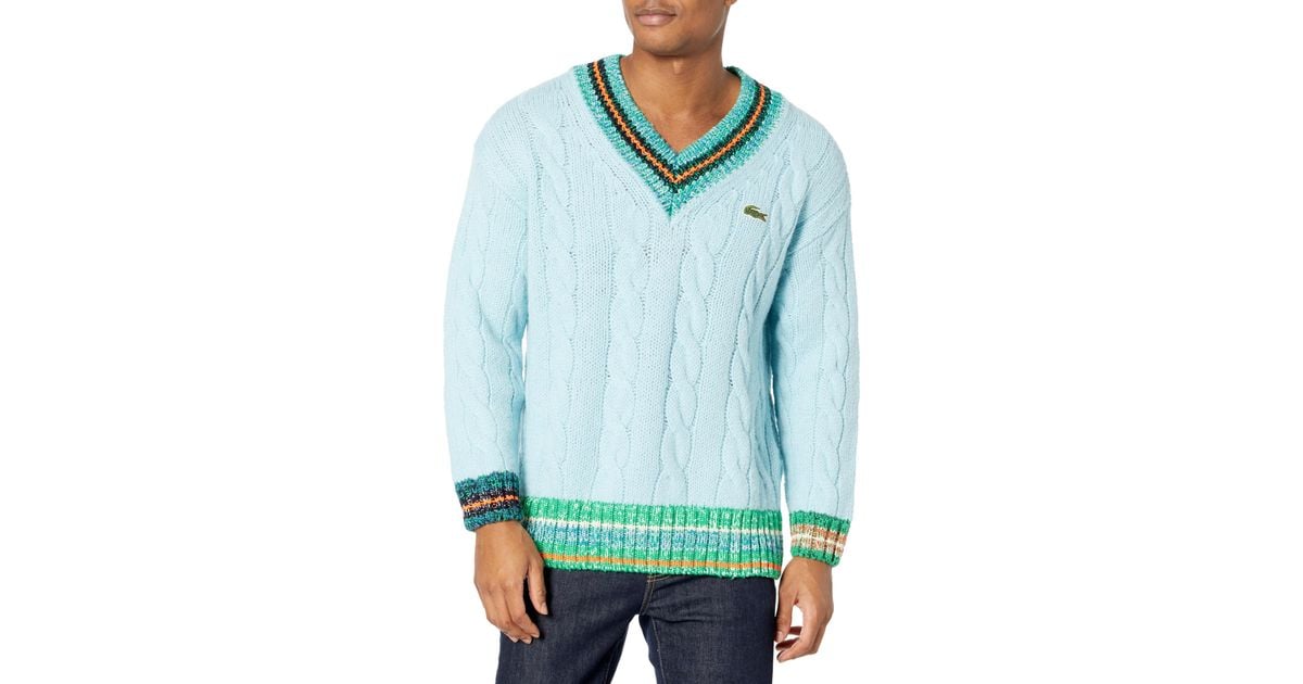 Lacoste Long Sleeve V-neck Colorblock Cableknit Sweater in Blue for Men ...