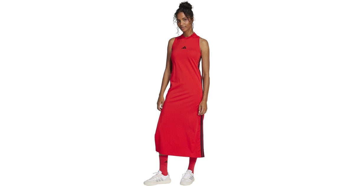 adidas Essentials 3-stripes Long Racerback Dress in Red | Lyst