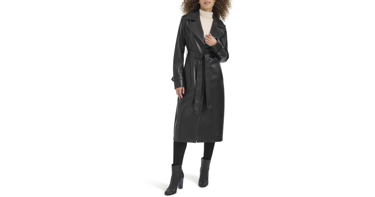 Kenneth Cole Faux Leather Belted Duster With Whip Stitch Detail ...