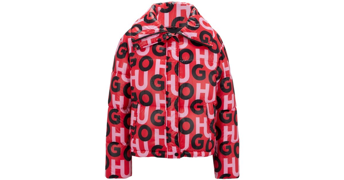 HUGO High-shine Stacked-logo Puffer Jacket With Oversized Collar in Red ...