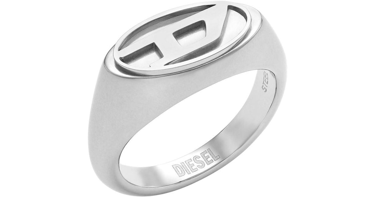DIESEL Silver Stainless Steel Logo Signet Ring in Metallic for Men ...