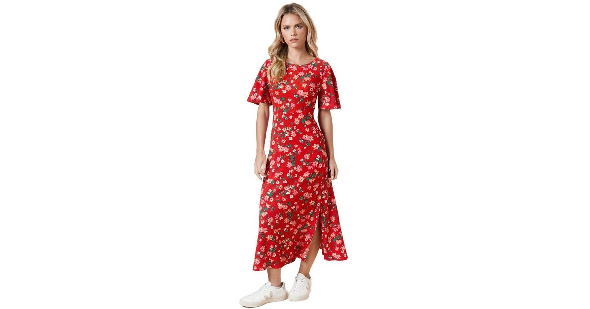 Dorothy Perkins Petite Red Floral Angel Sleeve Midi Dress | Lyst UK